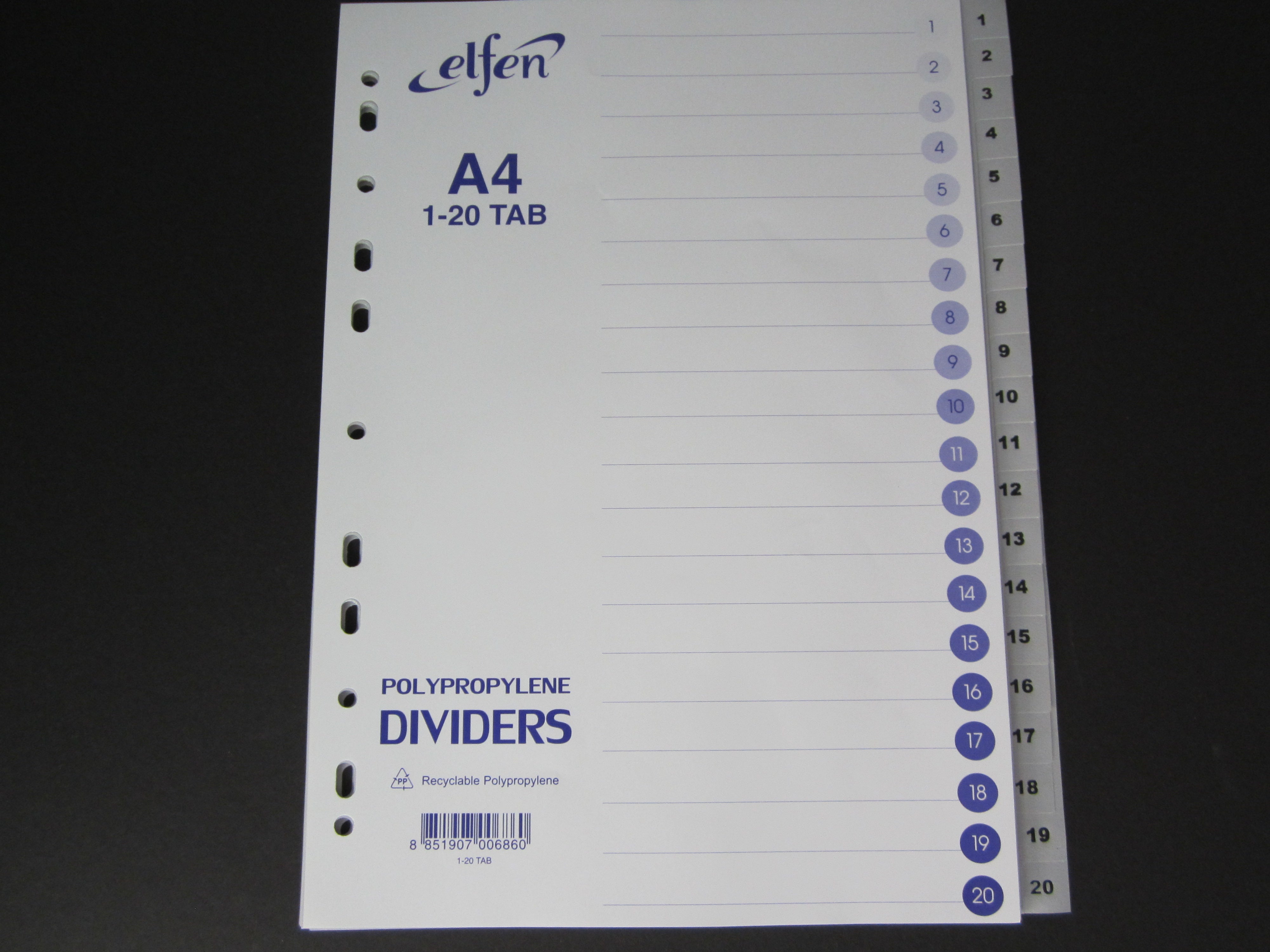 Dividers - Elfen PP Dividers Separators Grey Numbered 1 to 20